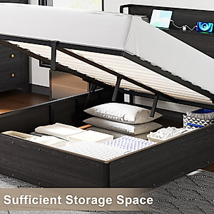 Amerlife Queen Size Lift Up Storage Bed Frame, Wooden Platform Bed Frame with Lifting Storage & Charging Station, No Spring Box Needed/Noise Free, Black