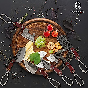 Damascus Pocket Knife Set Mini Knife with Sheath, Chef Knife EDC Knives Small Knife Cleaver, Package Opener, Box Cutter, Bottle Opener Keychain Tiny Things with Pocket Knife Sharpener - Set of 7