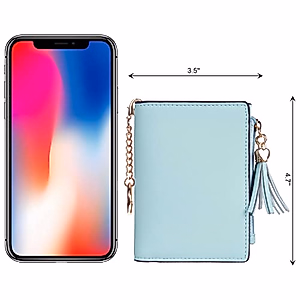 Gostwo Womens Small Bifold Slim Mini Wallet Purse with Tassel and Zippered Coin Pocket (Blue With Key Chain)