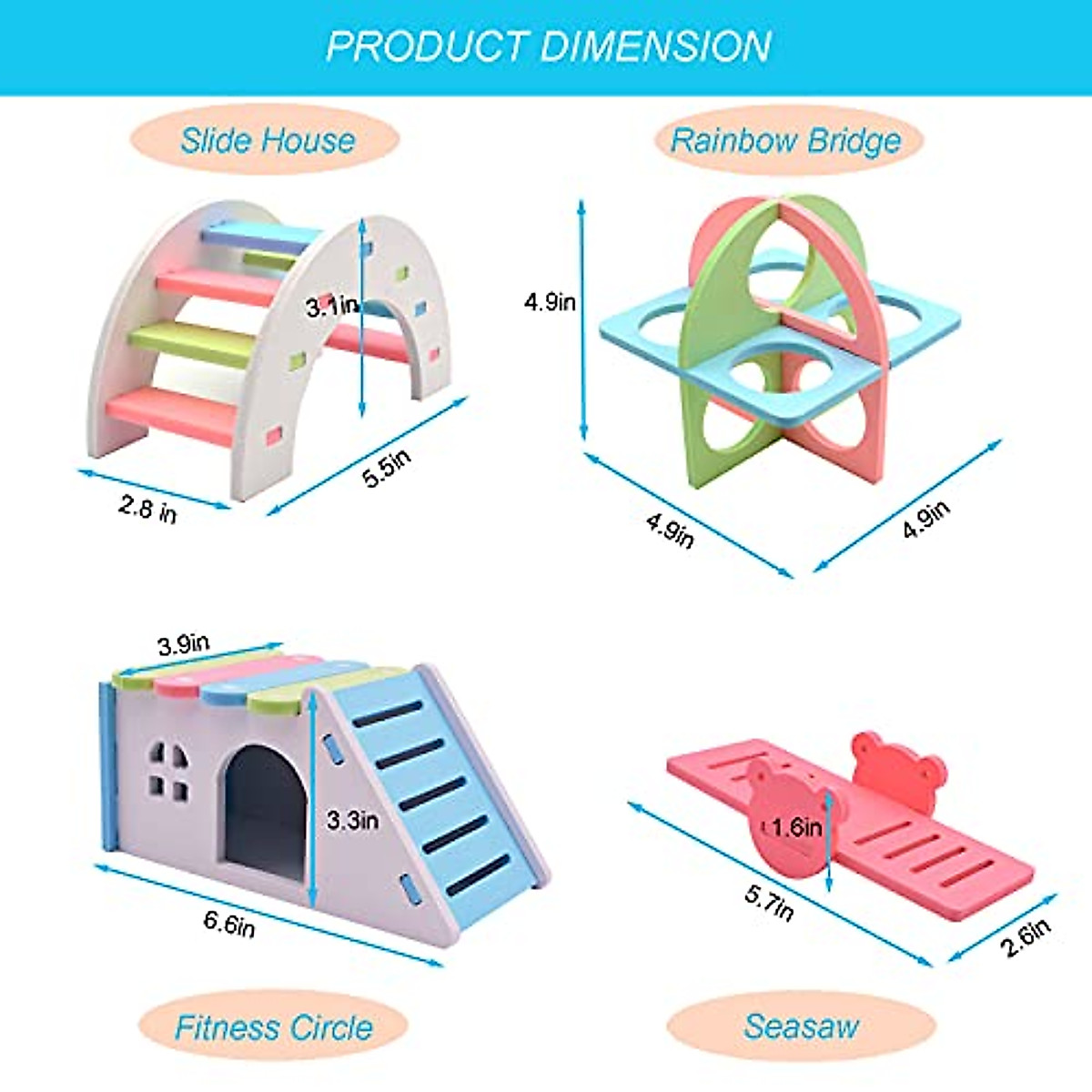 Yofunter Dwarf Hamster Toys Set for Hamster Cage Accessories - Gerbil Hideout and Houses,Fitness Circle Toy,Rainbow Bridage,Seasaw, Multi-colored