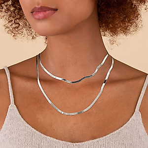 ChicSilver 925 Sterling Silver Herringbone Necklace for Women 3MM White Gold Plated Flat Snake Chain Choker Necklace Fashion Dainty Silver Snake Calvice Chain Short Necklace 12.5 Inch