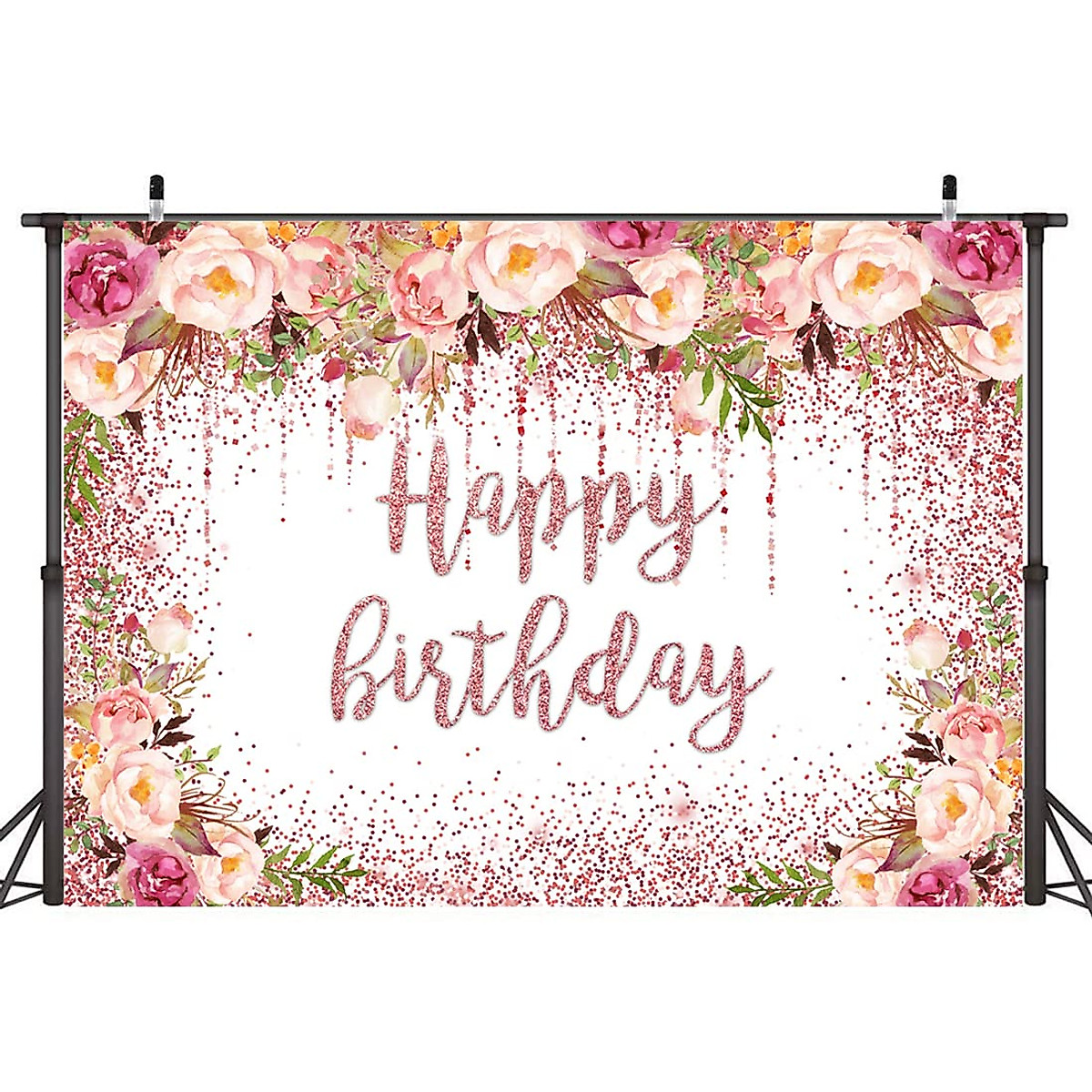 Wollmix Happy Birthday Banner Backdrop Decorations 7x5ft Party Sweet 16 Girls Women Pink Florals Glitter Rose Gold Dots Photography Background Supplies Photo Booth Studio Cake Table