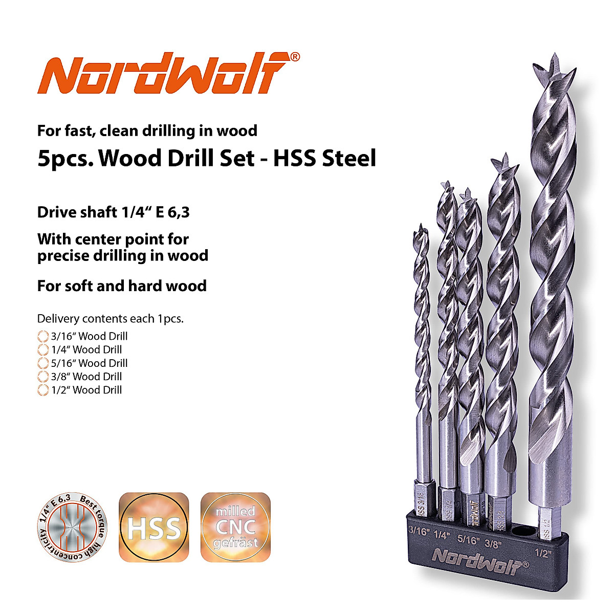 NordWolf 5-Piece HSS Brad Point Wood Drill Bit Set with 1/4" Hex Shank for Carpenter Woodworking, SAE Sizes 3/16"-1/4"-5/16"-3/8"-1/2"
