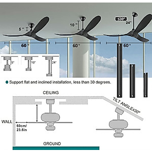 WZHESS 60 inch Black Ceiling Fan without Light, Outdoor Patio Fans for Outside, Large Modern Ceiling Fan with 3 Wood Blades, Quiet DC Motor for Living Room Bedroom Farmhouse(Black, 60inch)