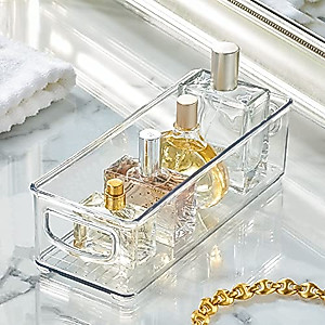 mDesign Small Plastic Bathroom Storage Container Bins with Handles for Organization in Closet, Cabinet, Vanity or Cupboard Shelf, Accessory Organizer for Hair Tools - Ligne Collection - 4 Pack - Clear