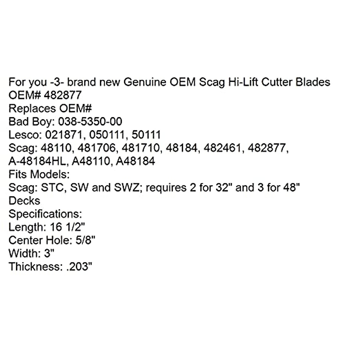 3PK OEM Marbain Blades 16 1/2" Lift for 48" Deck 482877