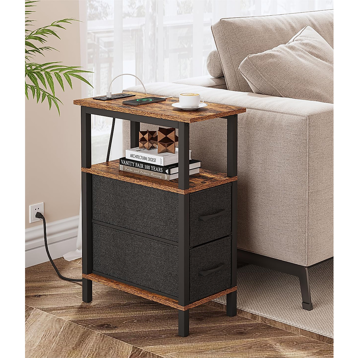 VIMBER Narrow Side Table for Small Spaces, Skinny End Table with Charging Station, Sofa Beside Table with 2 Drawers 1 Open Compartment, Slim Nightstand with USB Ports Outlet, Rustic and Brown UTBT004F