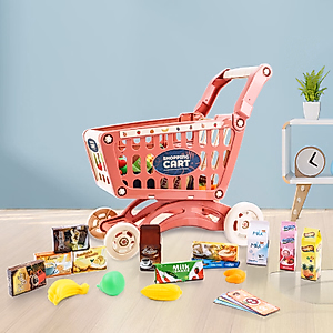 deAO Kids Shopping Cart Trolley for Groceries Toddlers 65 Food Fruit Vegetables Pretend Play Food Role Play Educational Toy Play Kitchen Toys Store Playset (Red)