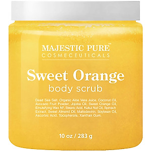 Majestic Pure Sweet Orange Body Scrub for All Natural Skin Care - Exfoliating Multi Purpose Body and Facial Scrub Moisturizes and Nourishes Face and Skin - 10 oz - Great Gift for Her