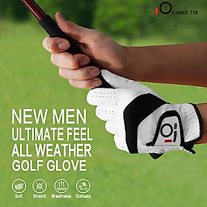 FINGER TEN Golf Gloves Men Left Hand Right with Ball Marker Pack, Mens Leather Golf Glove All Weather Grip, Fit Size Small Medium ML Large XL (White(Men Gloves), Medium(Worn On Left Hand))