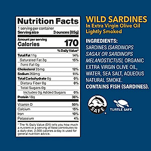 Wild Planet Wild Sardines in Extra Virgin Olive Oil, Lightly Smoked, Tinned Fish, Sustainably Wild-Caught, Non-GMO, Kosher, Gluten Free, 4.4. Ounce (Pack of 12)