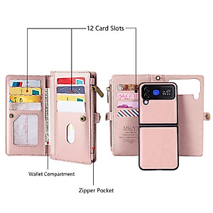 MInCYB Samsung Galaxy Z Flip 4 Case, Z Flip 4 Wallet Case for Women Men Zipper Purse, Detachable Magnetic Phone Cover with RFID Blocking, Leather Wallet for Z Flip 4. Pink