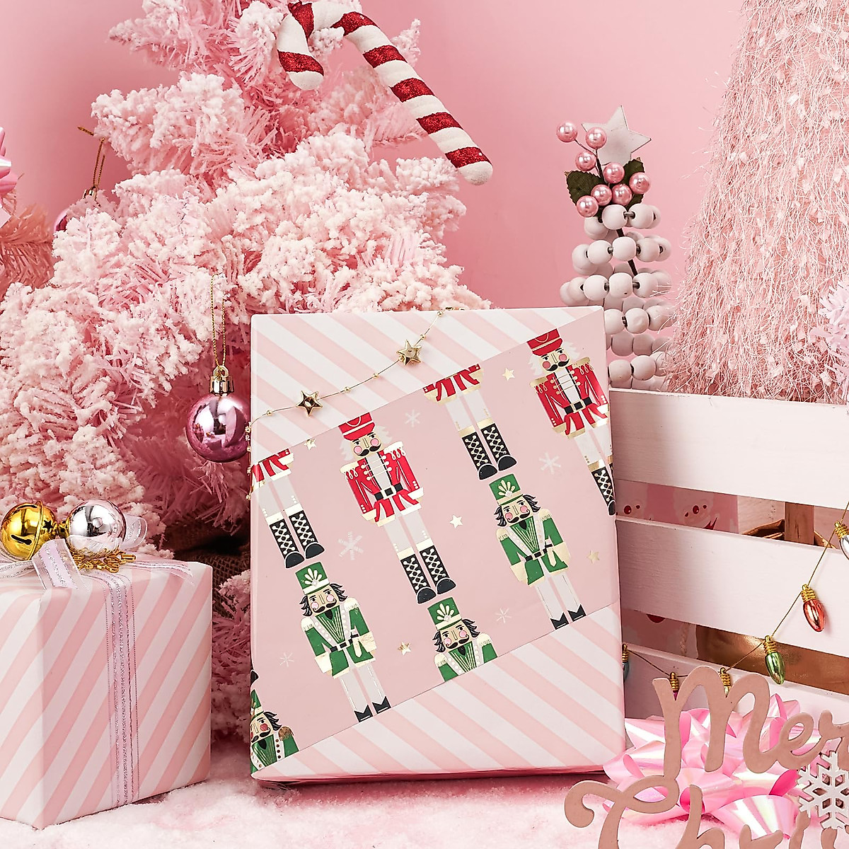 LeZakaa Reversible Christmas Wrapping Paper - Jumbo Roll - Pink Metallic Foil Gift Wrap Paper with Nutcracker & Stripe - 30 inches x 100 Feet (250 sq.ft.)