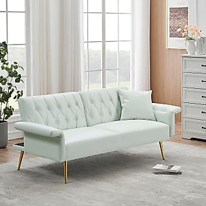 Jintop 67.71 Inch Waterproof Faux Leather Upholstered Sleeper Sofa-Bed and Adjustment Armres,Tuffed Button Couch Chaise w/Metal Legs & Pillows,for Dorm,Apartment,Studio,White, 67.71"