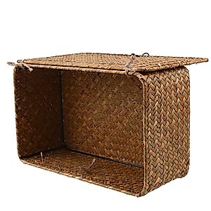 Storage Baskets for Shelves Seagrass Storage Bins with Lid Rectangular Woven Wicker Basket Rattan Storage Container Organizer for Home Shelf Size L Wicker Baskets