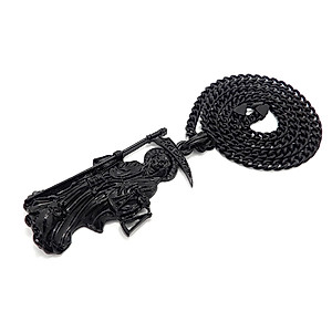 MAXBLING81 Hip Hop Jet Black Saint Death Santa Muerte Charm Pendant & 5mm 24" Cuban Chain Fashion Necklace for Gift, Halloween Party