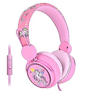 Kids Headphones for Girls, Cute Unicorn Headphones for Kids with Microphone, Adjustable Headband, 3.5mm Jack Wired Girls Headphones for School Travel Xmas Gift (Pink)