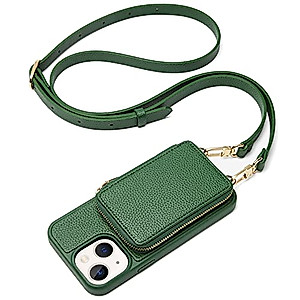 ZVE iPhone 13 Wallet Case Crossbody, iPhone 13 Zipper Phone Case with RFID Blocking Card Holder Wrist Strap Purse Gift for Women Compatible with iPhone 13(6.1 inch)- Dark Green