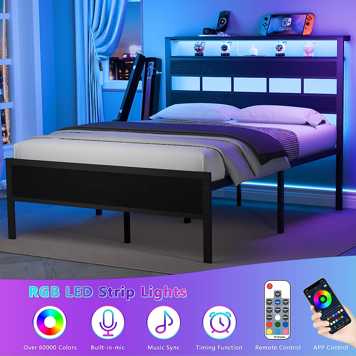 Furnulem Full Size Bed Frame with LED Light and Charging Station, Storage Headboard with 2-Tier Shelves, Metal Platform Bed with Heavy Duty Slats Support, No Box Spring Needed, Black Oak