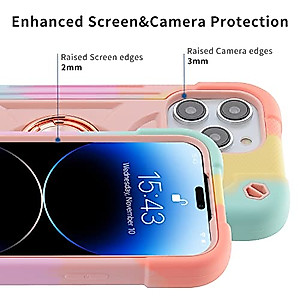 MARKILL Compatible with iPhone 14 Pro Case 6.1 Inch with Built-in Ring Stand, Military Grade Drop Protection Full Body Rugged Heavy Duty Case 3 in 1 Protective Durable Cover. (Rainbow Pink)