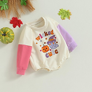 Infant Baby Boy Girl Halloween Outfit Pumpkin Sweatshirt Bubble Romper Oversized Sweater Bodysuit Fall Winter Clothes (Red Purple Beige, 18-24 Months)