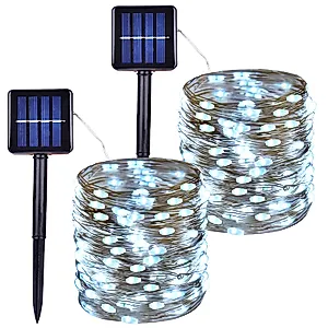 JPSR Solar String Lights Outdoor Halloween Decorations Waterproof 100-LED Copper Wire Fairy Lights 8 Modes, Twinkling Lights String for Bedroom Patio Garden Tree Party & Holiday Decor (2-Pack, White)