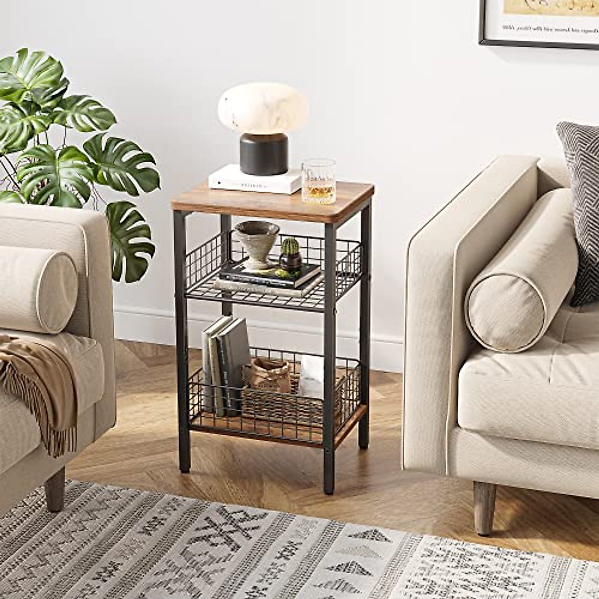 CubiCubi End Table, Small Side Table Nightstand with Storage Shelf for Living Room Bedroom, 3-Tier Sofa Table with Metal Frame, Deep Brown