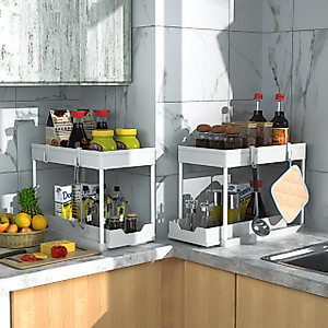 MEAFBIRD 2 Pack Under Sink Organizer, 2 Tier Bathroom Cabinet Organizer with Sliding Basket, Multi-Purpose Under Sink Organizers and Storage for Bathroom Kitchen