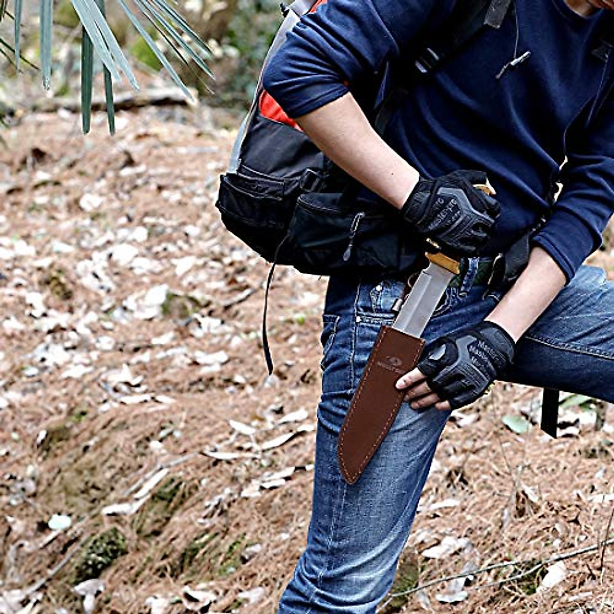 Mossy Oak 14-inch Bowie Knife, Full-tang Fixed Blade, Wood Handle Hunting Knife with Leather Sheath for Camping, Hiking, Survival