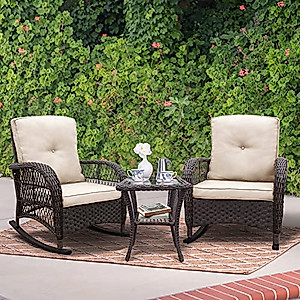JP Outdoor Rattan Rocking Chair Set of 3 with Khaki Soft Cushion and Coffee Table, Patio Backyard Garden Living Room All-Weather Resin Wicker Furniture