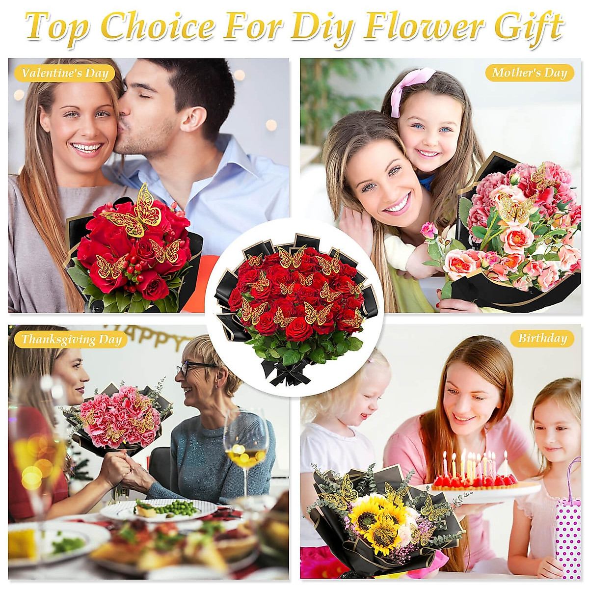 Tetutor Waterproof Flower Wrapping Paper,20 Sheets Bouquet Wrapping Paper Sheets, Floral Wrapping Paper Bouquet With Ribbons 3D Butterflies for Florist Wrap Wedding Birthday