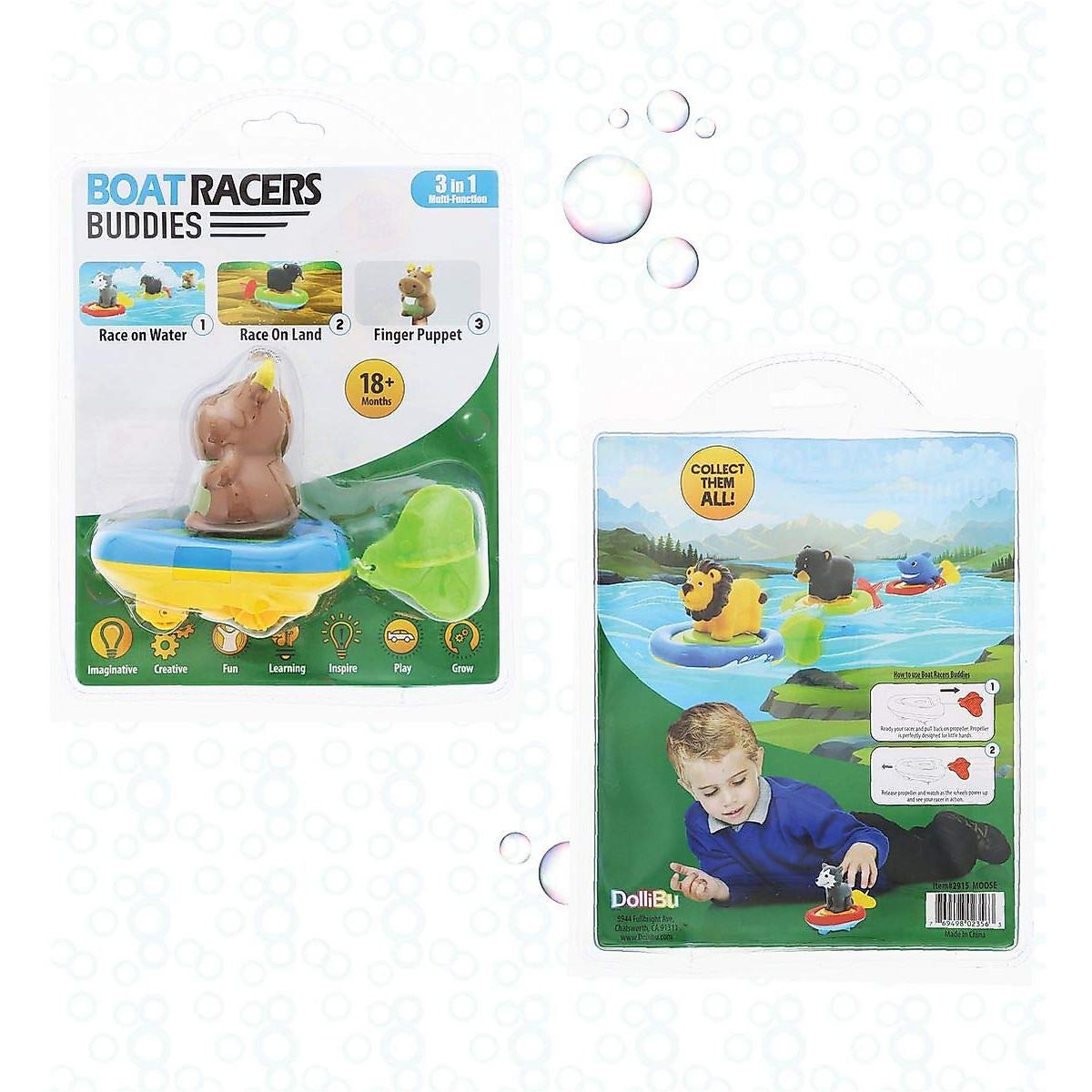 Dollibu Boat Racer Buddy, Fun Educational Bath Toy Finger Puppet Pull and Go Water Racing Woodland Pal for Shower Pool Bathtub Swim Hard Surface for Baby Toddler and Boy - 6 Inch - 3 in 1 Game - Moose