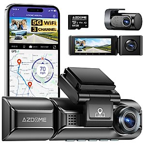 AZDOME M550 Pro 5G WiFi 3 Channel Dash Cam Built-in GPS, 4K+1080P Dual Dash Camera for Cars with 64GB Card, 1440P+1080P+1080P Front and Rear Inside, 3.19" IPS Screen, IR Night Vision, 24H Parking Mode