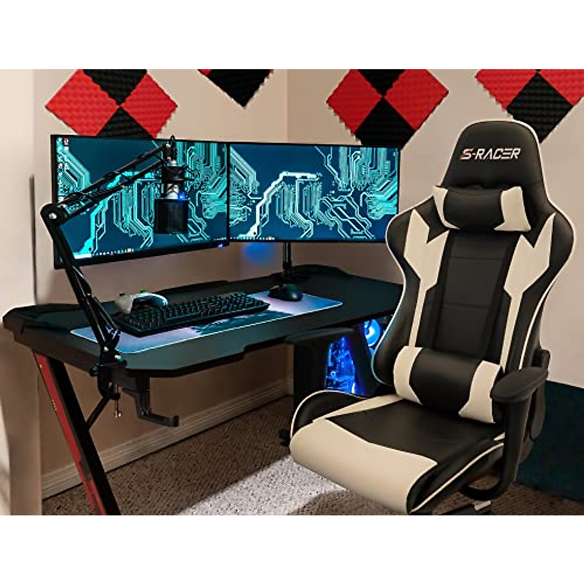 Homall Racing PU Leather Swivel Chair and 43.6 Inch Z Shaped Computer Desk Table Gaming Home Office Furniture Sets (White)