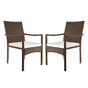 Amazon Brand - Ravenna Home Set of 2 Coastal Outdoor Patio Dining Chairs with Cushion, Weather-Resistant PE Rattan Wicker - Brown