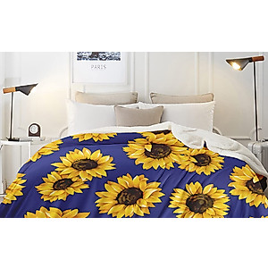 Positive Sunflower Blanket Gifts for Girls Boy, Blue Floral Throw Blanket Sunflower Gift for Sunflower Lover Decor Plush Soft Lightweight Flannel Fleece Blankets for Sofa Couch Chair 60x50In Teens