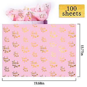 MR FIVE 100 Sheets Pink with Gold Thank You Tissue Paper Bulk,20" x 14",Pink Thank You Tissue Paper for Packaging,Gift Bags,Thank You Tissue for Weddings,Graduation,Birthday,Thanksgiving,Mother's Day