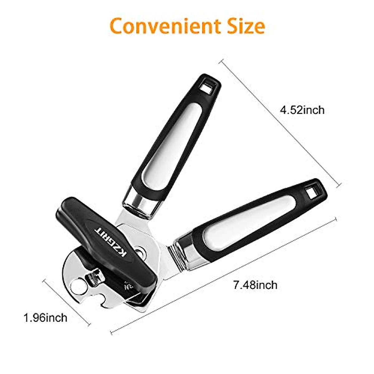 KzGrit Manual Can Opener, Food-Safe Stainless Steel, Smooth Edge, Tin Lids Jar Bottle Caps Openers with Non-Slip Handle and Ergonomic Turning Knob for Elderly with Arthritis(Black)