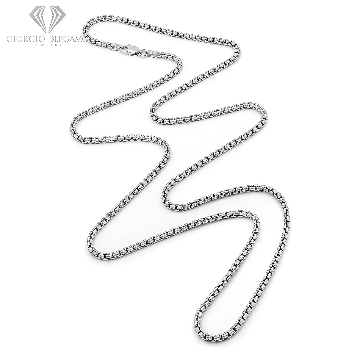 Giorgio Bergamo 925 Sterling Silver Italian 2.5mm Round Box Chain, Solid Rolo Link Rhodium Necklace, (20)