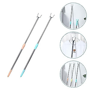 2pcs Clothes Pole Clothing Hook Pole Retractable Long Pole Clothes Drying Stick Washing line Prop extendable Reaching Stick Reach Closet Pole Aluminum Clothes Fork Household