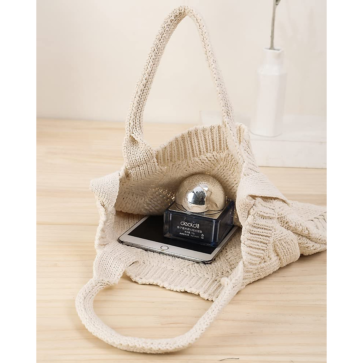 ENBEI Women's tote bag aesthetic Crocheted Bags Shoulder Bag Tote Bag for school Handbag hobo bag Knitted Tote Bag (white)