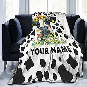 KSUPER Custom Cow Print Blanket with Name Text Personalized Cow Print Bedding Throw Blankets for Sofa Girls Kids Adults Daughter Mom Christmas Valentine's Day Birthday Gifts