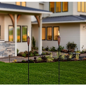 BIRDROCK HOME 4 Pack Round Outdoor Torches - Bronze - Flame Light Torch - Backyard Garden Patio Lighting - Metal Lamp - Decorative Urban Lantern