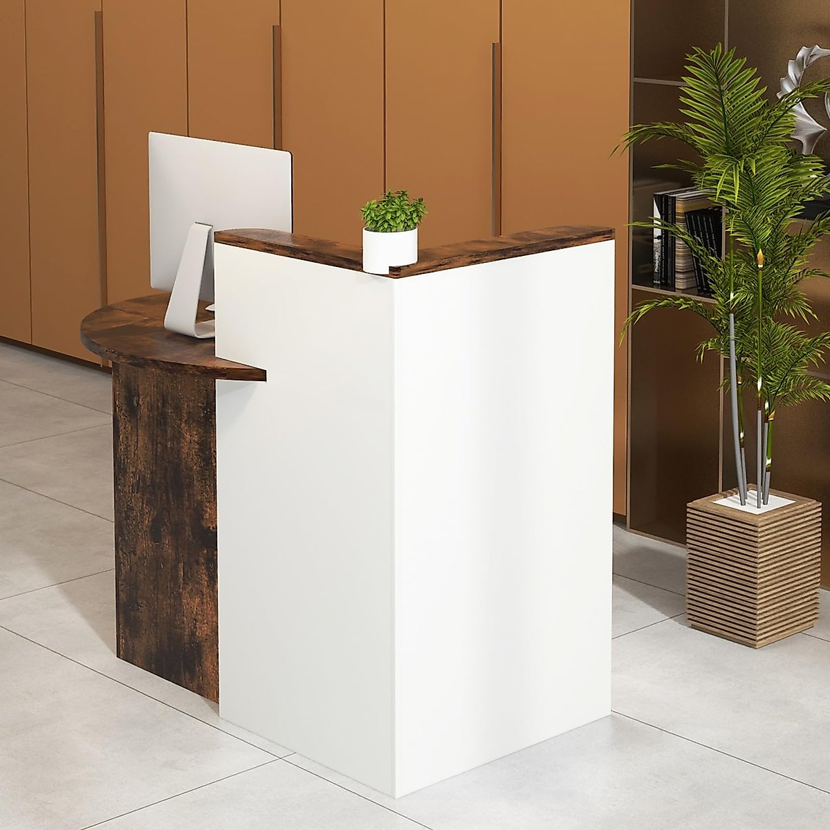 Tangkula Reception Desk, Front Counter Desk with Lockable Drawer & Adjustable Shelf, Oval Desktop, Retail Counter for Checkout, Computer Workstation for Salon Lobby Office, Home Office Desk