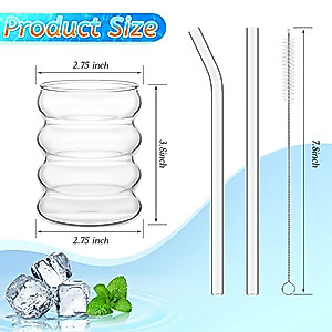 Tessco 4 Pcs Creative Glass Cups Vintage Drinking Glasses Ribbed Glassware Aesthetic Cups Entertainment Dinnerware Glassware with Straws Set for Kitchen Coffee Juice Beverage (Clear)