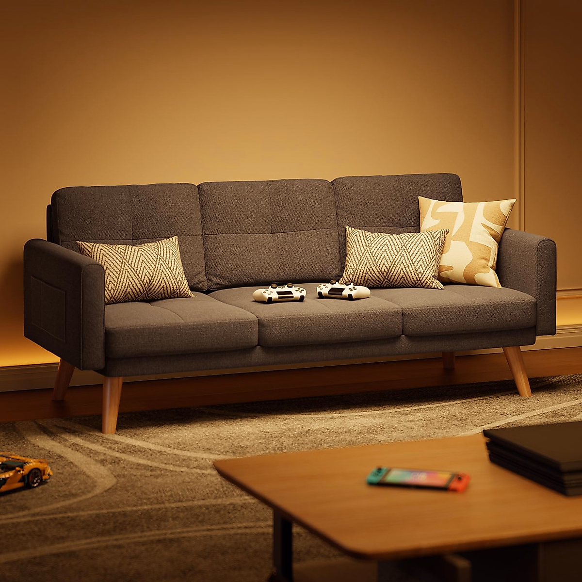 Gizoon 67” Sofa Couch with Soft Armrest Small Sofa Seat with 3 Comfy Pillows for Bedroom 2-Seater Couch for Living Room Teenagers Room Office and Small Spaces, Dark Gray