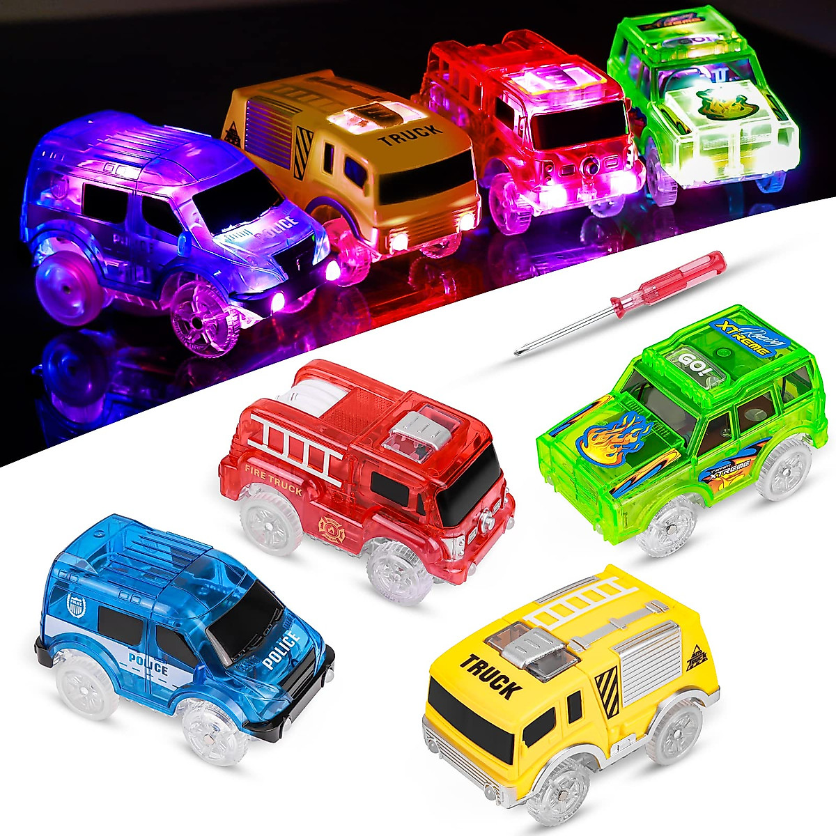 Tracks Cars Replacement Only - Light Up Magic Cars for Tracks Compatible with Glow in The Dark Toy Cars with 5 LED Flashing Lights for Most Race Tracks Only Toy Cars Track Car Accessories (4 Pack)