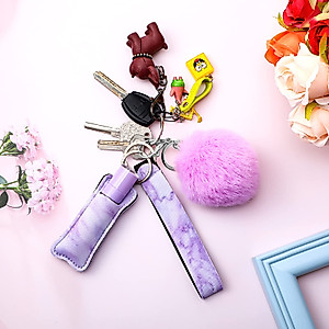 Hicarer 30 Pieces Marble Lipstick Holder Keychain Lip Balm Holder Set Lipstick Bags Set Includes Keychain Wristlet Lanyard, Marble Style Lip Balm Bag and Ball Pom Pom Accessory(Square)