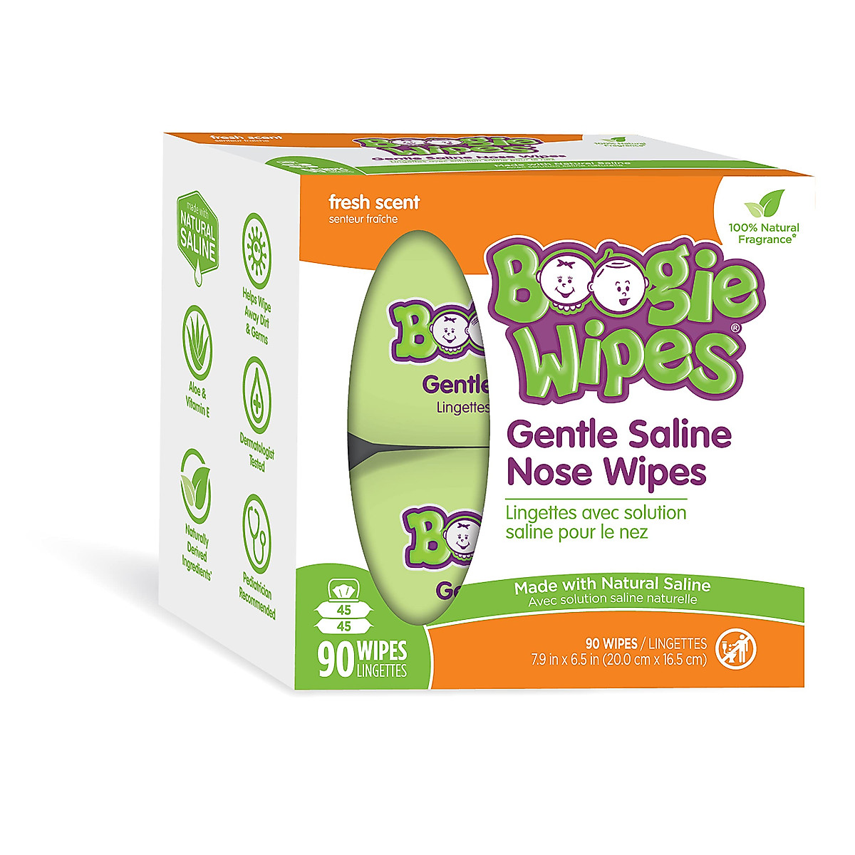 Saline Nose Wipes by Boogie, for Baby & Kids, Face, Hand & Body, FSA/HSA Eligible, Made with Vitamin E, Aloe, and Natural Saline, Fresh Scent, 45 Count (Pack of 2)