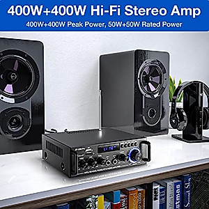 Facmogu Home Audio Amplifier, Bluetooth 5.0 Receiver Wireless Power Amplifier, Max 400Wx2 RMS 50Wx2 Dual Channel HiFi Sound Audio System Home Stereo Receiver, MIC in w/Echo, Bass & Treble w/USB/RCA/FM